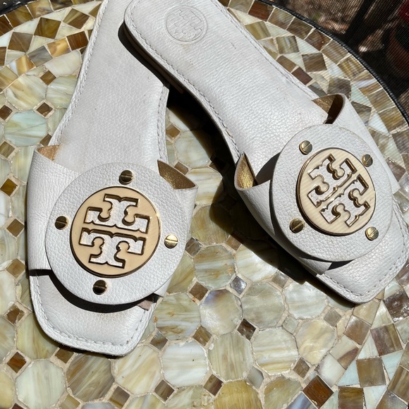 Tory Burch | Shoes | Tory Burch White Leather Slide Sandals With Gold ...